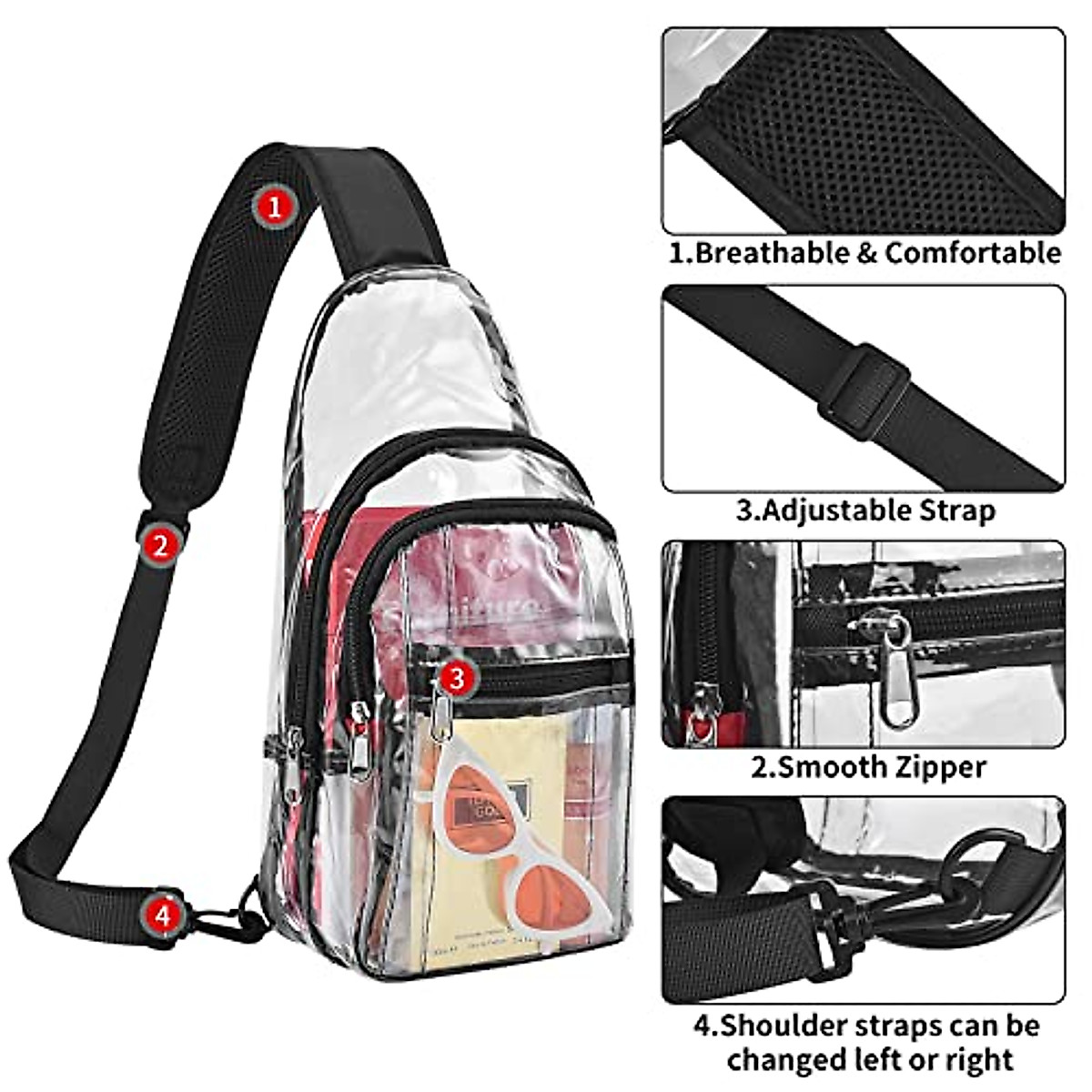 Oraben Clear Backpack Stadium Approved Clear Bag, Small PVC Crossbody Shoulder Backpack Clear Sling Bag Chest Bag for Festivals and Games