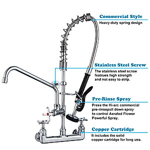 Launceter Commercial Faucet with Sprayer, 8 Inch Center Wall Mount Kitchen Faucet with 12" Swivel Spout, 42" Height Compartment Sink Faucet with Pre-Rinse Sprayer for Restaurant Industrial