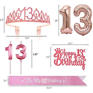 13th Birthday Candle Sash and Tiara Sets,It's My 13th Birthday Sash Rhinestone Crown Happy Birthday Cake Topper 32inch Foil Balloon for Girls 13th Birthday Gift Party Decorations Supplies (Rose 13th)