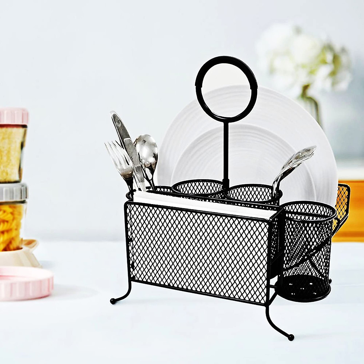 Picnic Plate Napkin Flatware Storage Caddy Organizer Holder, Black