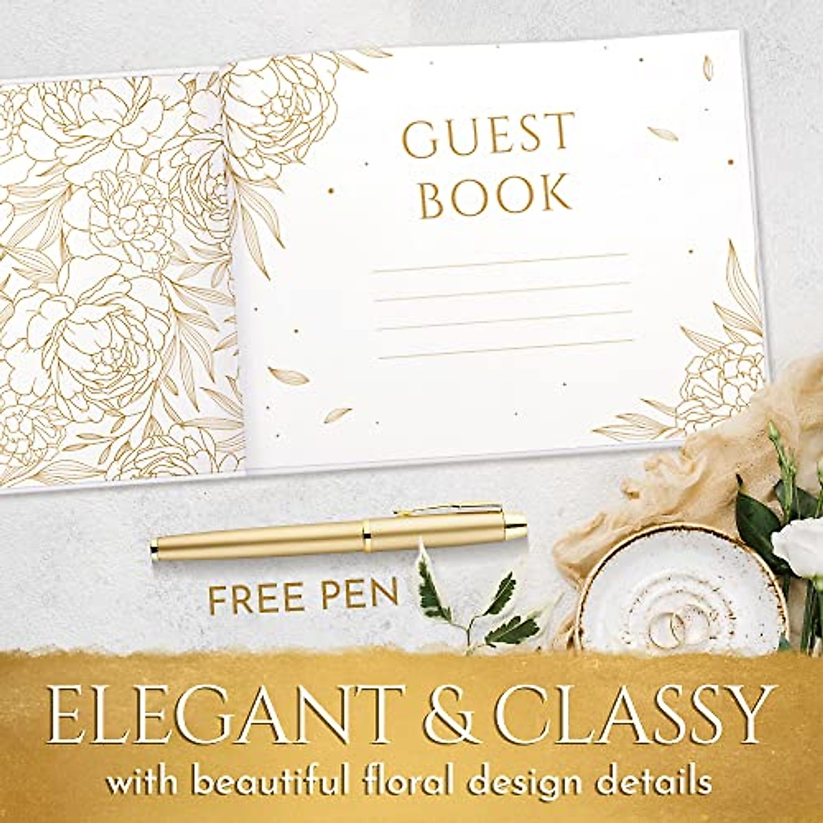Gold Floral Wedding Guest Book, Wedding Guestbook with Pen, Guest Book Wedding Gold Hot Foil Stamping, Bridal Shower Guest Book Gold Paper Edge, Wedding Guestbook Alternative, Guestbook Wedding
