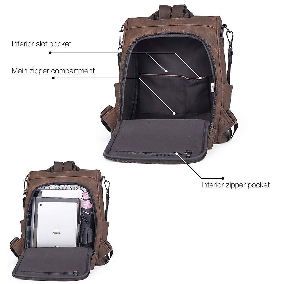 CLUCI Backpack Purse for Women Leather Convertible Fashion Designer Bookbag Ladies Travel Large Anti-Theft Shoulder Bags Women Wallet Large Leather Designer Zip Around Card HolderTwo-Tone Coffee