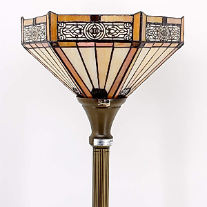 WERFACTORY Tiffany Floor Lamp Yellow Hexagon Stained Glass Mission Light 12X12X66 Inches Torchiere Standing Corner Torch Uplight Decor Bedroom Living Room Home Office S011 Series