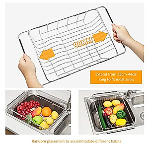 Jkhome Expandable Dish Drying Rack Adjustable Over Sink Dish Drainer Drain Stainless Steel Kitchen Fruit Vegetable Wash Storage Holder (Stainless Steel, Curved Bottom Type 17.32"x9.84"x4.33")