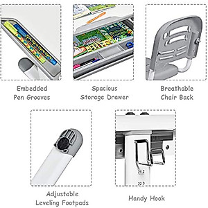 Diroan Kids Multifunctional Desk and Chair Set, Height Adjustable Children School Study Desk with Large Tilt Desktop, Metal Hook and Storage Drawer for Boys Girls, Grey