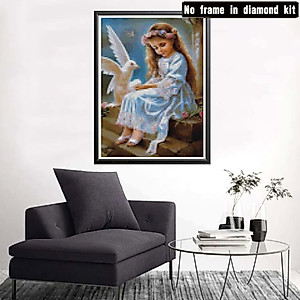 Sheehow 5D Diamond Painting Kits for Adults Angel Girl, Full Drill Diamond Art Pigeons, Gem Pictures by Numbers Art, DIY Cross Stitch Jewel Art Rhinestone Craft for Home Wall Decor 12X16 inch