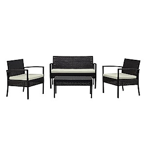 Manhattan Comfort Noli 4-Piece Patio Conversation Set, Outdoor Furniture Made of Steel Rattan | Includes 2 Modern Armchairs, Loveseat, Tempered Glass Coffee Table, Removable Waterproof Cushions, Cream
