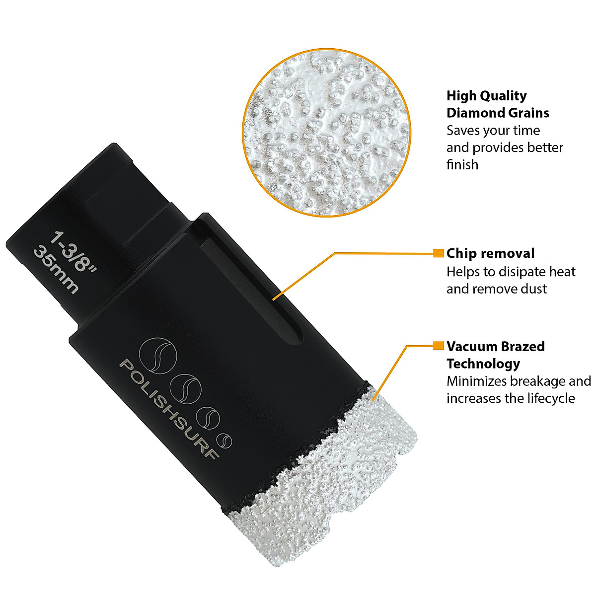 Diamond Core Drill Bits 1-3/8 Inch and Beveling Chamfer Bits 2 Inch Kit Vacuum Brazed Hole Saw with 5/8-11 Thread Plus 3/8 Inch Hex Shank Adapter (Set-2 with 1-3/8" (35mm) Diamond Core Drill Bit)