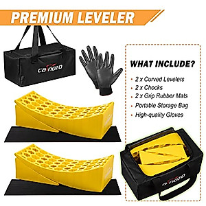Cainozo RV Leveling Blocks Camper Leveler 2 Pack with Carrying Bag,Leveler Chocks Precise Camper Leveling Includes Two Curved Levelers,Two Rubber Grip Mats,Two Chocks,and A Carrying Bag Yellow