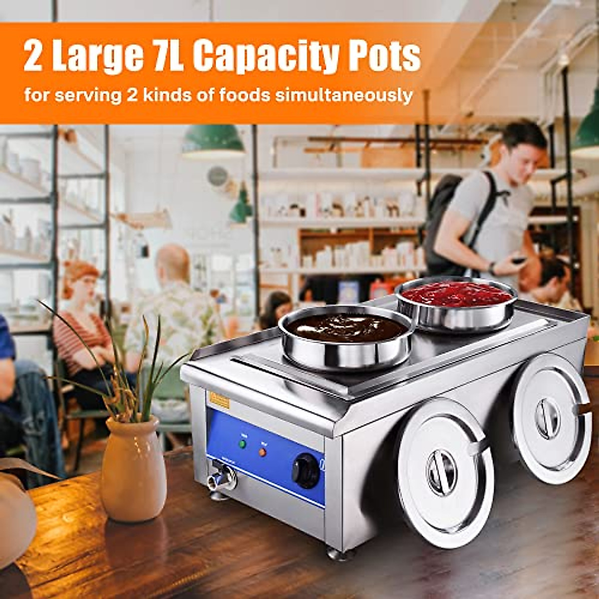WeChef Commercial Stainless Steel Food Warmer Dual 7L Round Pot Countertop Steam Bain Marie Table Soup Restaurant Buffet