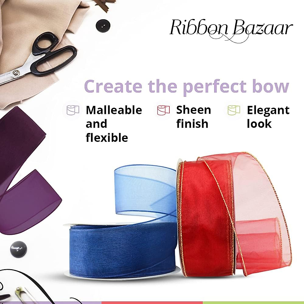 Ribbon Bazaar Sheer Organza Wired Ribbon - 100% Polyester Wire Edged Ribbon for Floral Decor, Table Arrangements, Apparel Embellishment & More - 1-1/2" Royal Blue 25yd