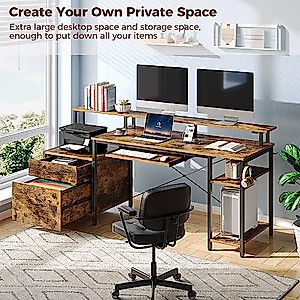 Rolanstar Computer Desk 65" with File Drawer, Gaming Desk with LED Light & Power Outlets, Home Office Desk with File Cabinet & Storage Shelves, with Monitor Stand & Keyboard Tray, Rustic Brown