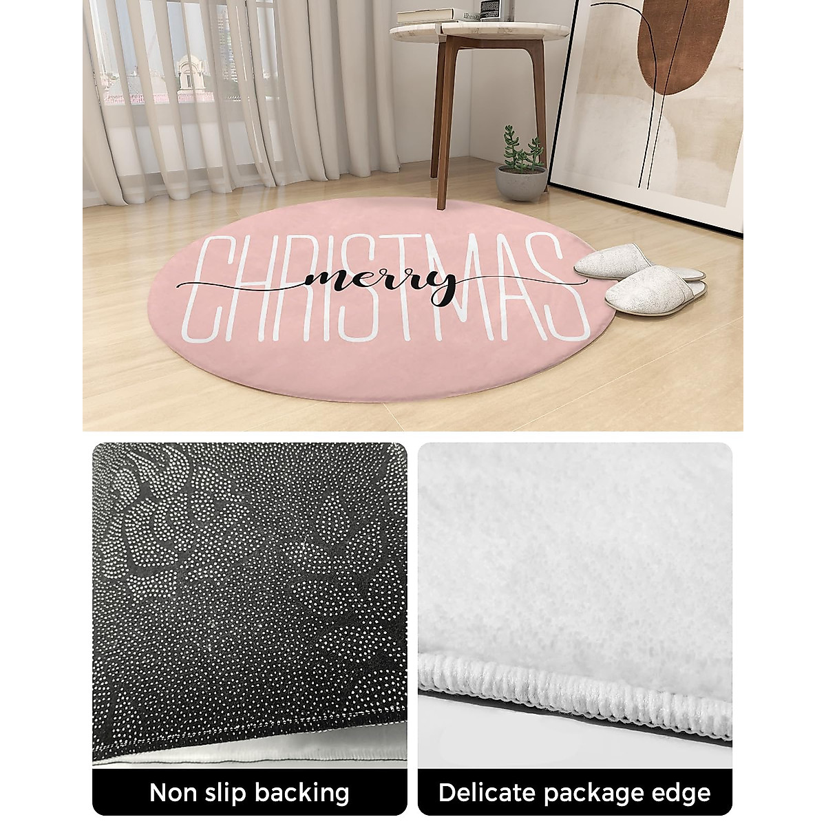 Merry Christmas Fluffy Round Area Rug Carpets 4ft, Plush Shaggy Carpet Soft Circular Rugs, Non-Slip Fuzzy Accent Floor Mat for Living Room Bedroom Nursery Home Decor Blush Pink Xmas Holiday