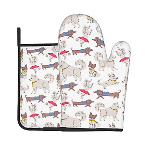 Cute Dog Puppy Oven Mitts and Pot Holders Sets Resistant Hot Pads Potholders Non-Slip Cotton Lining Oven Gloves for Four Seasons Kitchen Baking Cooking Grilling