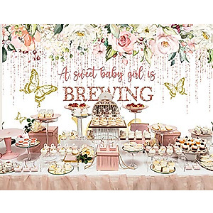 Ticuenicoa A Baby is Brewing Baby Shower Backdrop for Photography Teapot Butterfly Floral Babyshower Background Newborn Kids 1st Birthday Party Backdrops Cake Table Banner Photo Booth Props 5x3ft