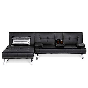 Best Choice Products Faux Leather Upholstery 3-Piece Modular Modern Living Room Sofa Sectional Furniture Set w/Convertible Single & Double Seat Futon Beds, Ottoman, Reclining Backrests - Black