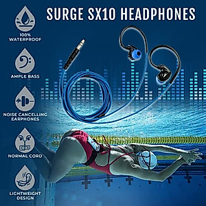 H2O AUDIO Surge SX10 Headphones, Waterproof IPX8, Normal Cord, in-Ear Stereo Earbuds Noise Cancelling Earphones for Swimming, Running and Sporting Activities