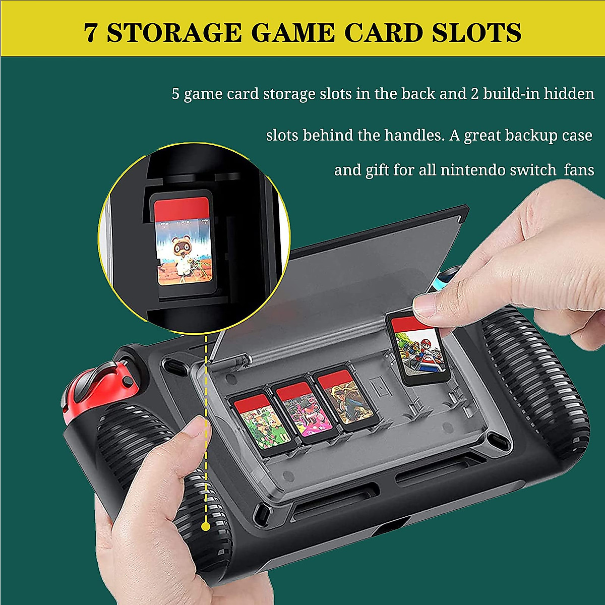 HOMMES Protective Case for Nintendo Switch Games, Switch Case with 7 Game Cards Storage Slots, 360° Full Protection switch accessories with Ergonomic Design and Adjustable Kickstand,6 Thumb Grip Caps