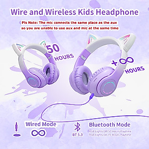 TOKANI Cat Ear Headphones, Kids Bluetooth Headphone with Microphone,Foldable Comfortable and Adjustable Wireless/Wire Over Ear Headset for Girls Teenagers and Adults