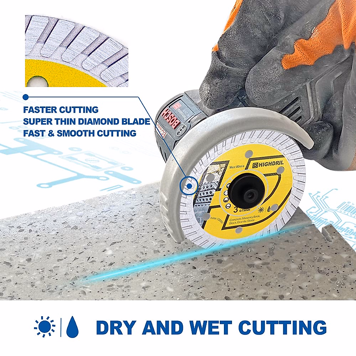 HIGHDRIL Diamond Saw Blade, 3PCS 3in/75mm x Arbor 3/8inch/10mm for Granite,Hard Concrete,Ceramic,Hard Porcelain