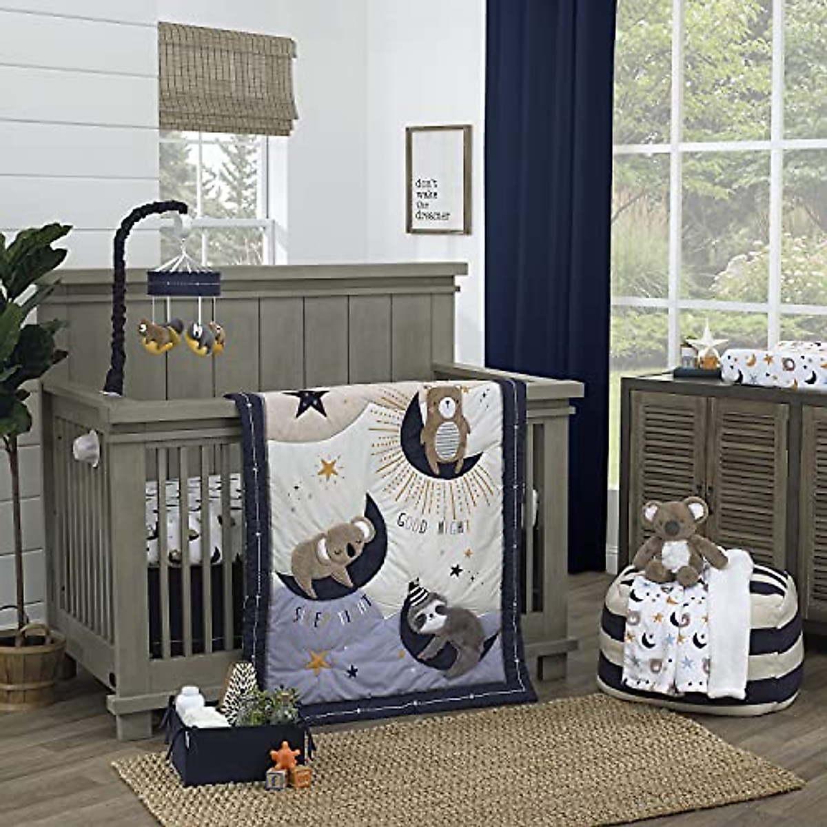 NoJo Goodnight Sleep Tight White & Blue Koala, Sloth, Bear, Star, & Moon 4Piece Nursery Crib Bedding Set, Navy, Light Blue, Grey, White