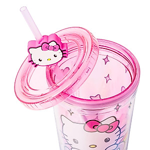 Silver Buffalo Sanrio Hello Kitty Kawaii Cute Hearts and Sparkle Plastic Cold Cup with Lid and Straw Topper, 24 Ounces