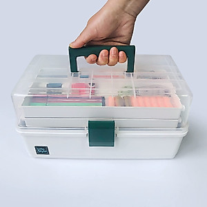 beLaxed 13 inches Craft Organizers and Storage Box, 3-Layers Multifunctional Plastic Sewing Organizing Box with Handle, for Medicine, Art Supply, Makeup, Hair Accessories, Organizer Bins