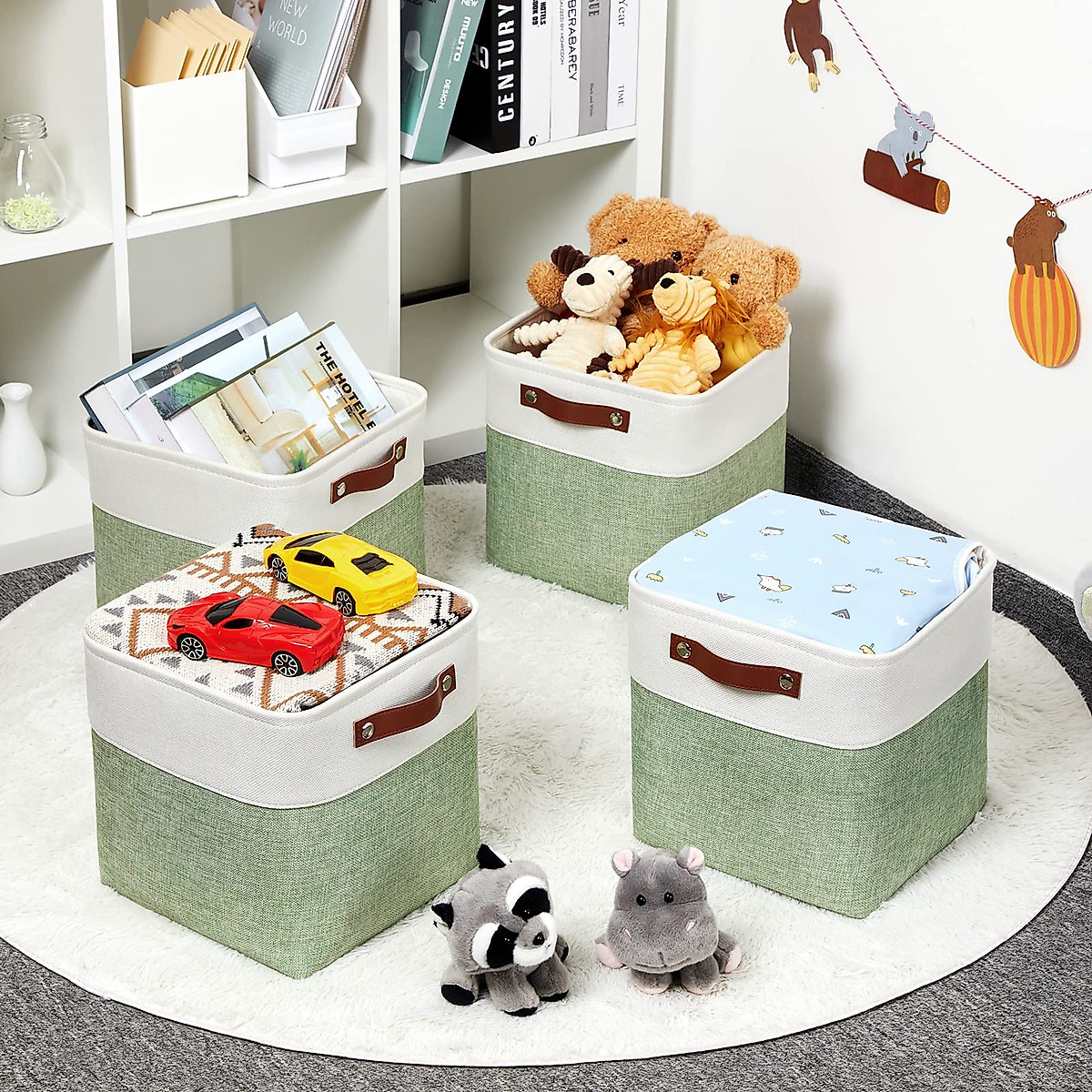 HNZIGE Fabric Cube Storage Baskets Bins Cube Baskets 11x11, Set of 4, Foldable Storage Cube Bin Baskets for Shelves with Handles, Bins for Cube Organizer Home Toy Nursery Closet Bedroom(Green White)