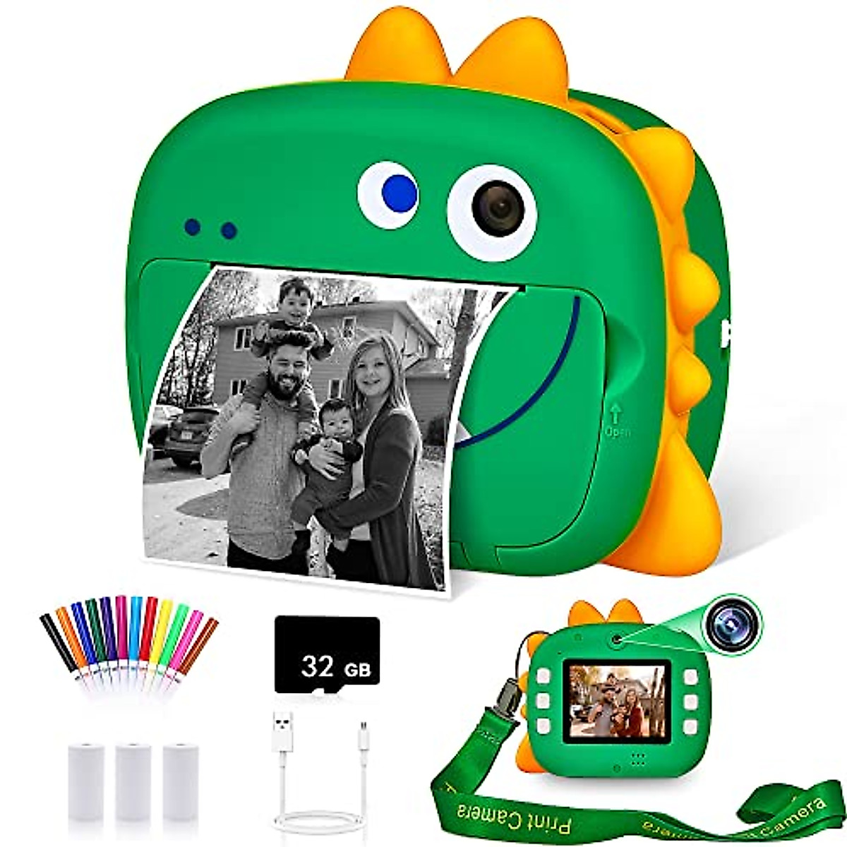WQ Kids Camera Instant Print, 1080P Dinosaur Digital Print Camera for Kids with Dual Lens,Selfie Video Camera with Phone Connected,Zero Ink Instant Print Camera Ideal Gift for Boys Girls 3-12