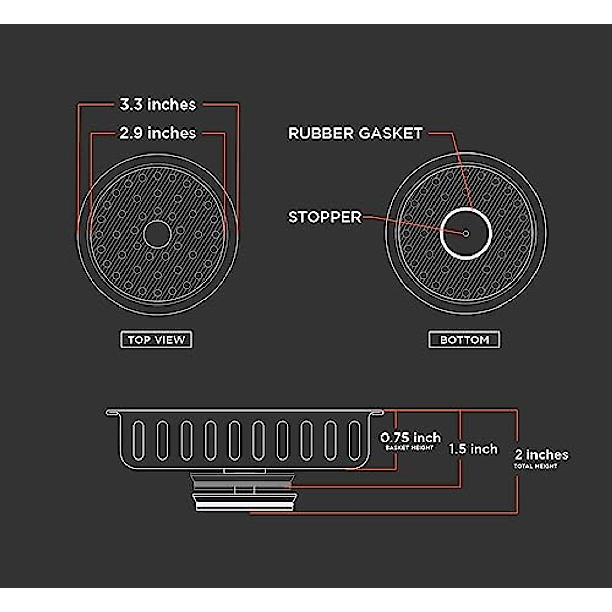 Highcraft 97343 Kitchen Sink Basket Strainer Replacement for Standard Drains (3-1/4 Inch) Stainless Spring Steel Closure and Rubber Stopper, Stainless Steel