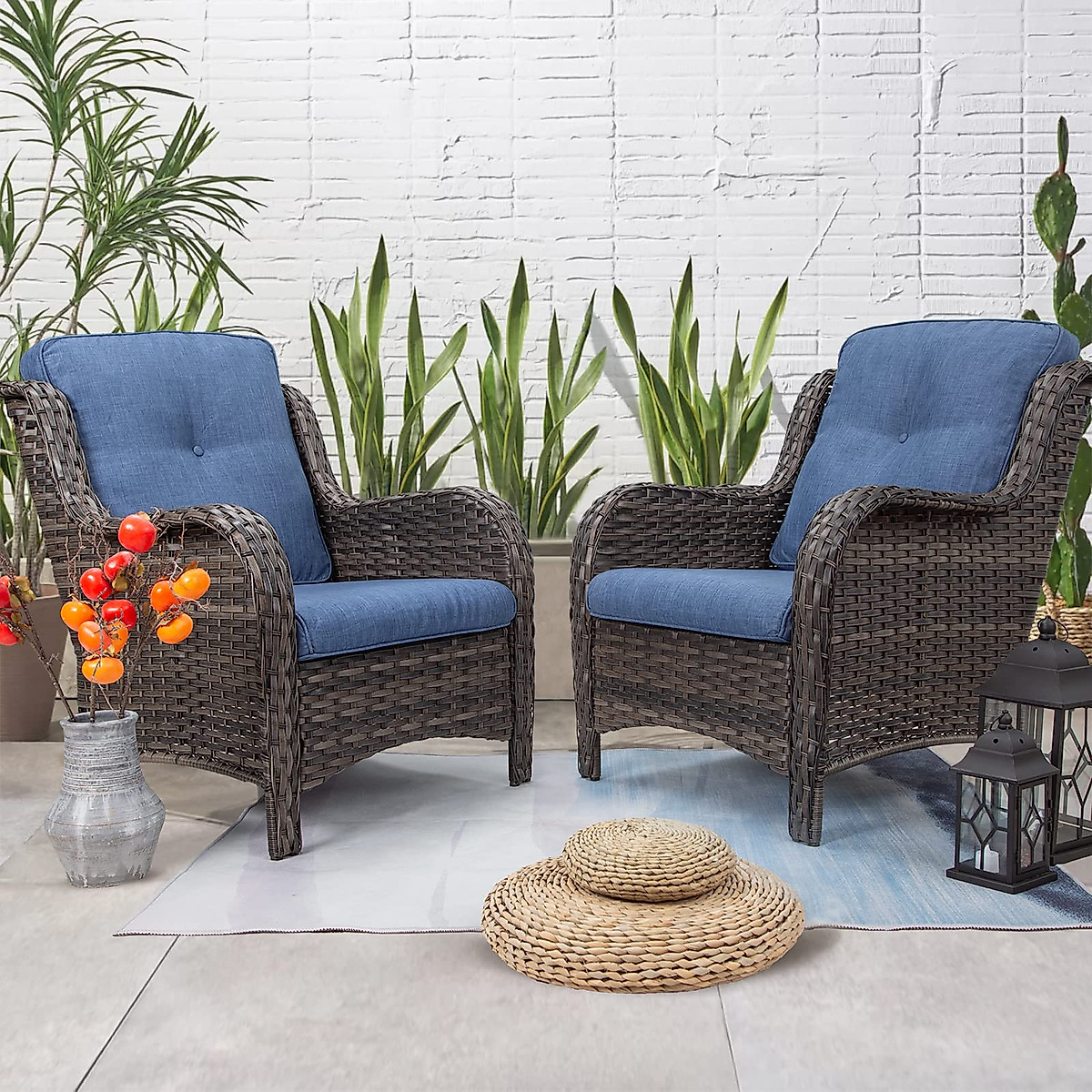 Joyside Outdoor Wicker Chair Rattan Patio Dining Chairs Set of 2 PE Wicker Patio Chairs with 4inch Seat Cushions Outdoor Patio Seating Chair for Garden, Backyard Deck(Mixed Grey/Blue)