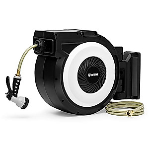 OUTFINE Heavy Duty Retractable Garden Hose Reel (1/2 100FT) Heavy Duty, Any Length Lock, Automatic Slow Return System, Wall Mounted and 180 Deg Swivel Bracket, 9 Pattern Hose Nozzle