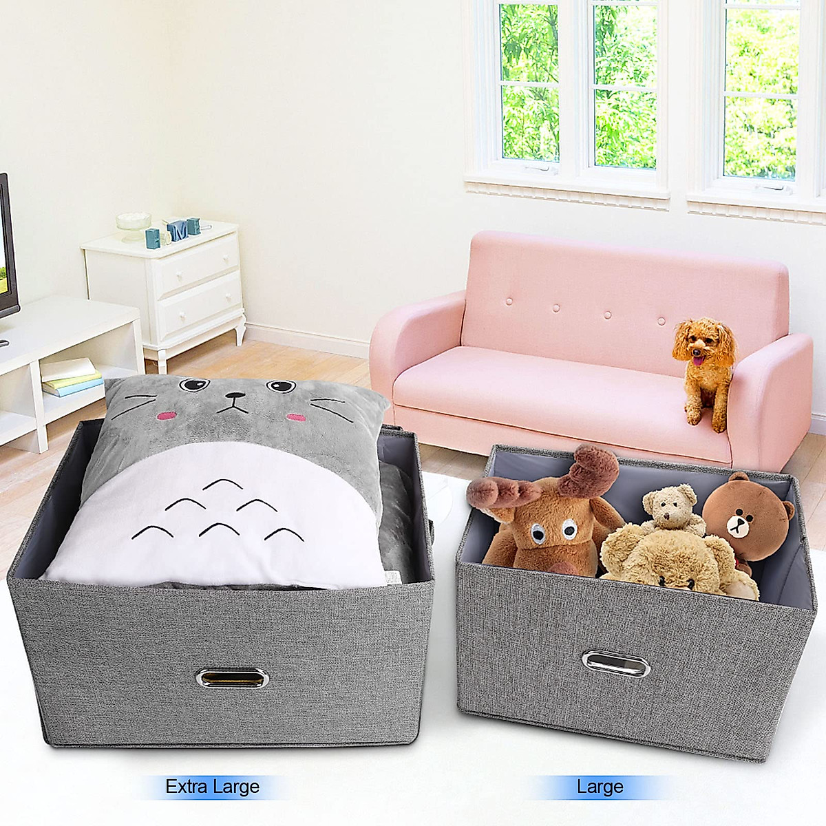 Valease Large Linen Fabric Foldable Storage Bins with Removable Lid and Handles, Washable Storage Box Organizer Containers Baskets Cube with Cover for Bedroom,Closet,Office,Nursery (Grey, Extra Large)