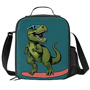 PrelerDIY Surfing Dinosaur Lunch Box Insulated Meal Bag Lunch Bag Food Container for Boys Girls School Travel Picnic