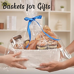 POIVOCF Small White Woven Basket 12"x 8"x 5" - Empty Gift Basket with Bags, Ribbons & Greeting Card