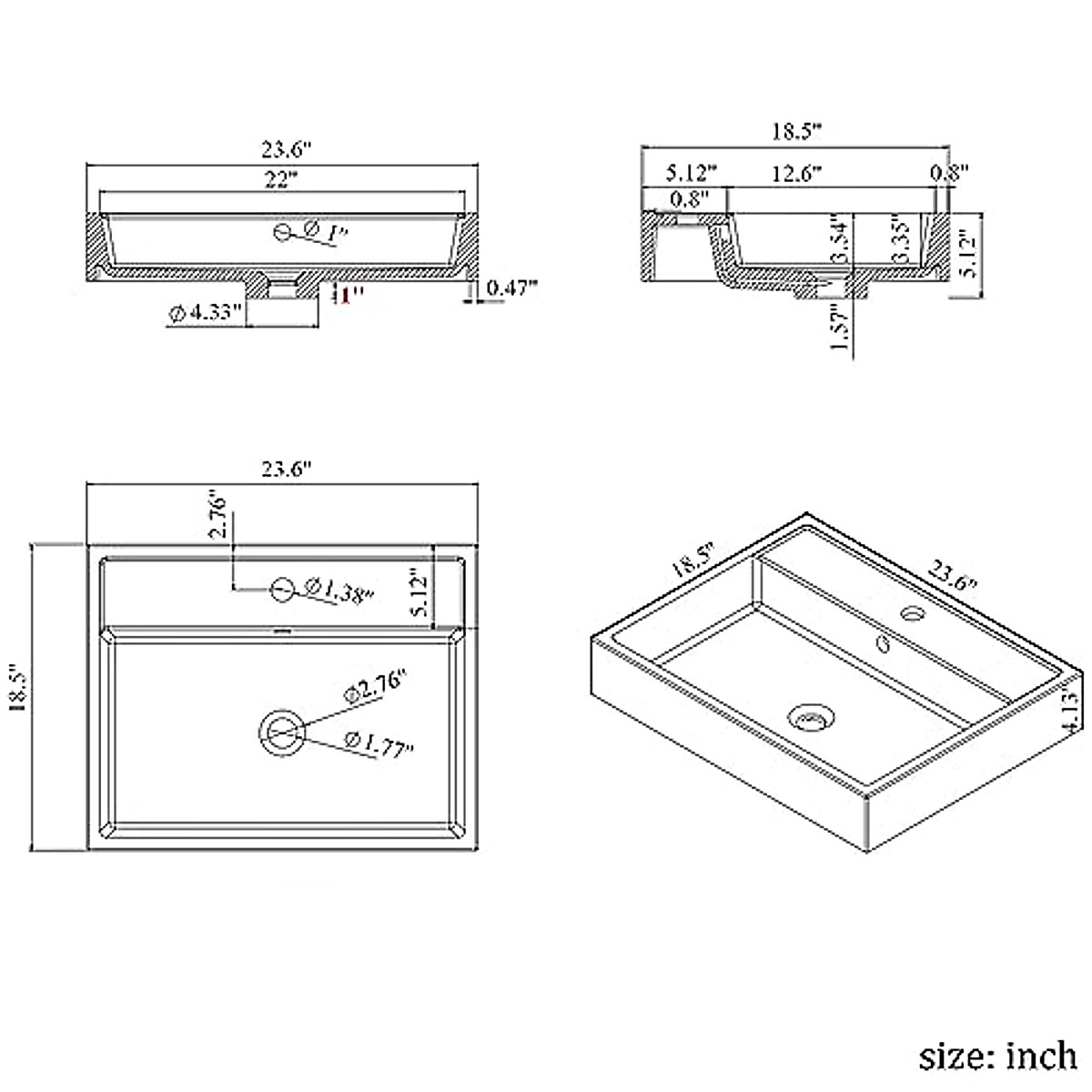 ARTSTONE 23.6 x 18.5 inch Bathroom Vessel Sink with Pop-up Drain Combo Above Counter, Stone Resin Rectangle Bathroom Sink with Overflow, Vanity Countertop Bowl Sink Washing Basin, White