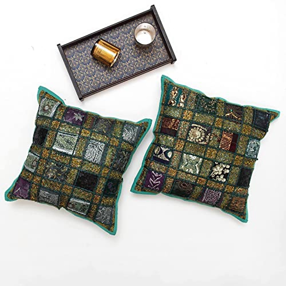 INDACORIFY Sets of Assorted Patchwork Cushion Cover, Indian Handmade Beaded Patch Pillow, Boho Pillow, Bohemian Cushion Cover, Sofa Decorative Throw Pillow (10)