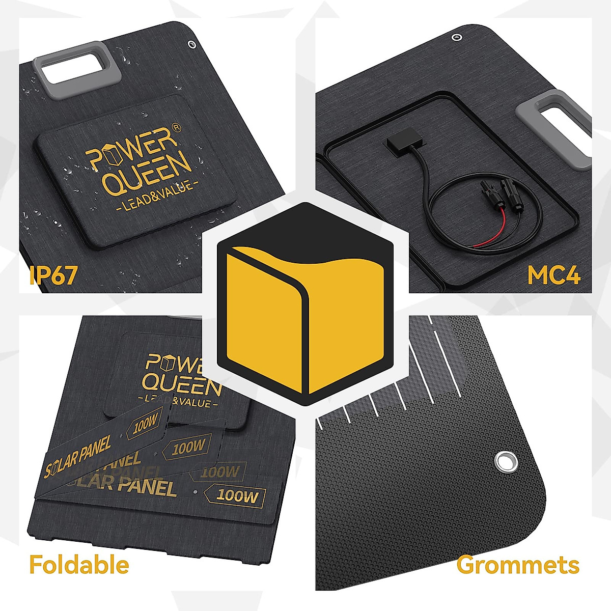Power Queen 100W Portable Solar Panel for Power Station Generator, IP67 Foldable Solar Panel with MC4, Solar Charger with Adjustable Kickstands