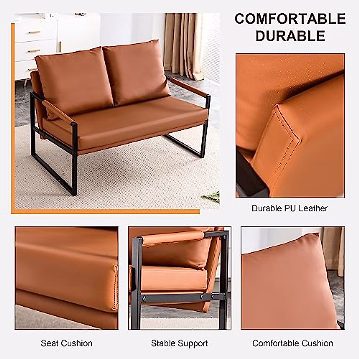 FANYE Modern Upholstered 2 Seaters Soft Love, Accent Deep Seat Loveseat Double Sofa & Couch for Home Office Apartment Small Space Living Room Furniture Set Sectional, Brown PU Leather 48" W