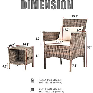 Tappio 3 Pieces Patio Furniture Set Outdoor Bistro Sets All Weather Patio Conversation Sets PE Rattan Wicker Chairs with Cushions and Pillows Beige