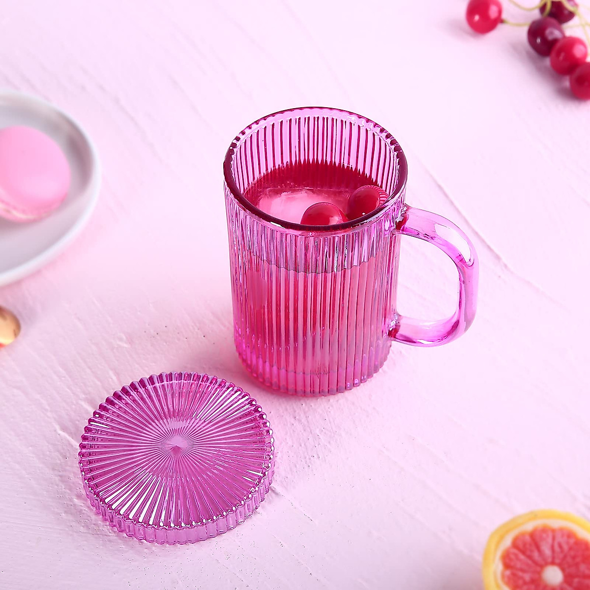 G Meridian Glass Coffee Mug with Lid 11.3 oz with Lid can be usded as Coaster for Latte Chocolate Americano Milk Oats Yoghurt Iridescent Dark Pink