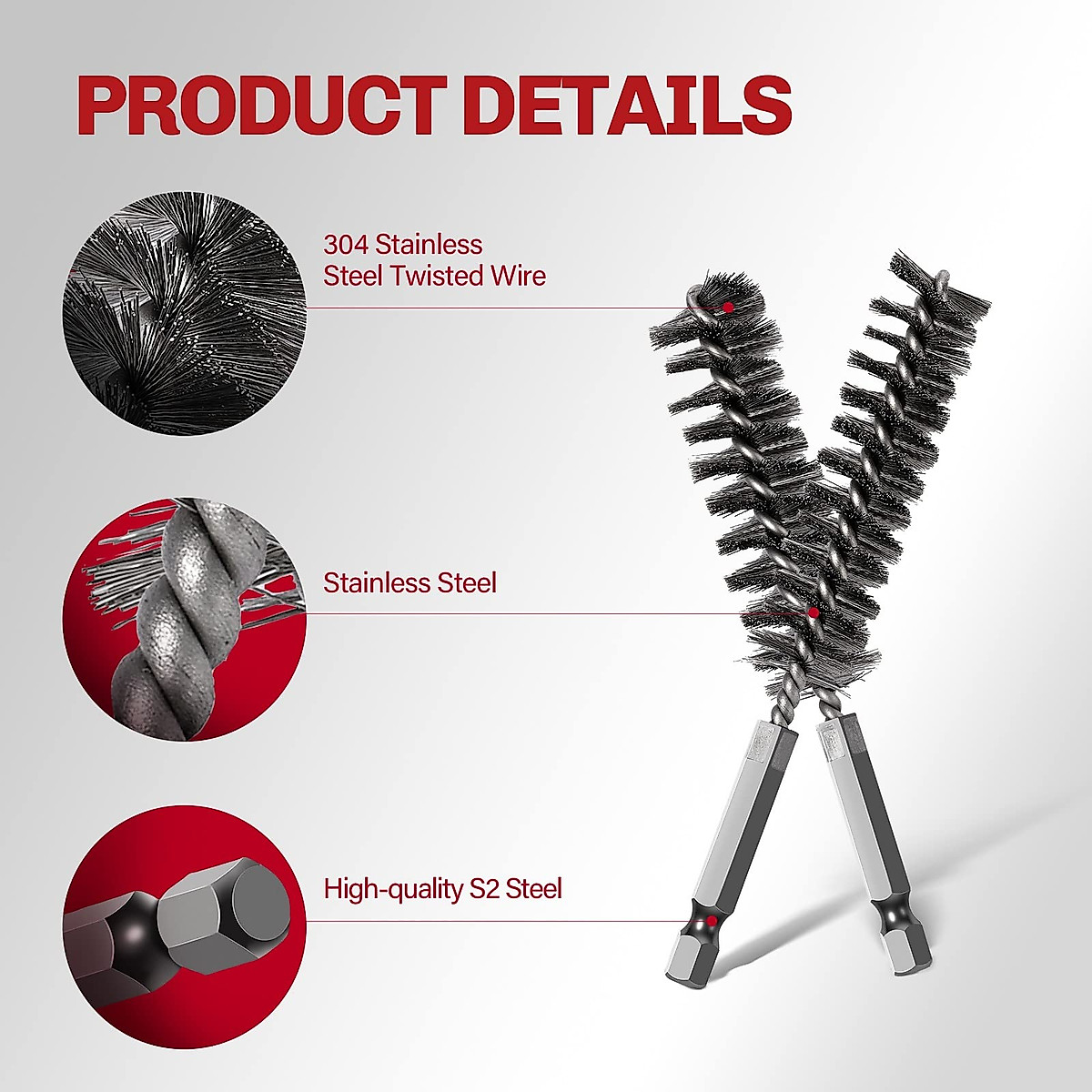 Columpro 6PCS 304 Stainless Steel Bore Brush Copper Pipe Cleaner, Twisted Wire Drill Brush,1/4 Inch Hex Shank S2 Steel Handle, for Power Drill Plumbing Tools