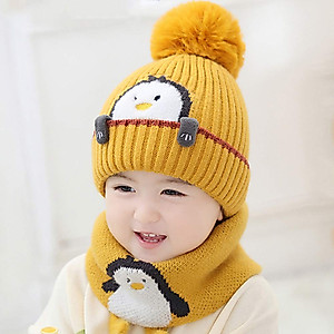 Toddler Winter Beanie Hat Scraf Set, Cute Cartoon Penguin Knitted Hats Soft Warm Infant Hat with Pompom for Baby Boys and Girls 1-3 Years (Yellow)