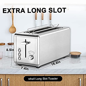 WHALL Long Slot Toaster 4 Slice Brushed Stainless Steel Toaster, 7 Toast Settings with Bagel/Cancel/Defrost Functions, Toaster Warming Rack&Removable Tray for Various Bread Types 1400W,Silver
