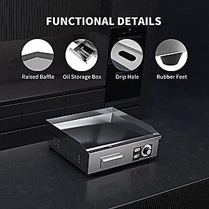Obqer Commercial Electric Griddle, 22" Commercial Electric Countertop Griddle with Brushes and Shovels, 1600W Stainless Steel Electric Griddle with Adjustable Temperature Control for Restaurant & Home