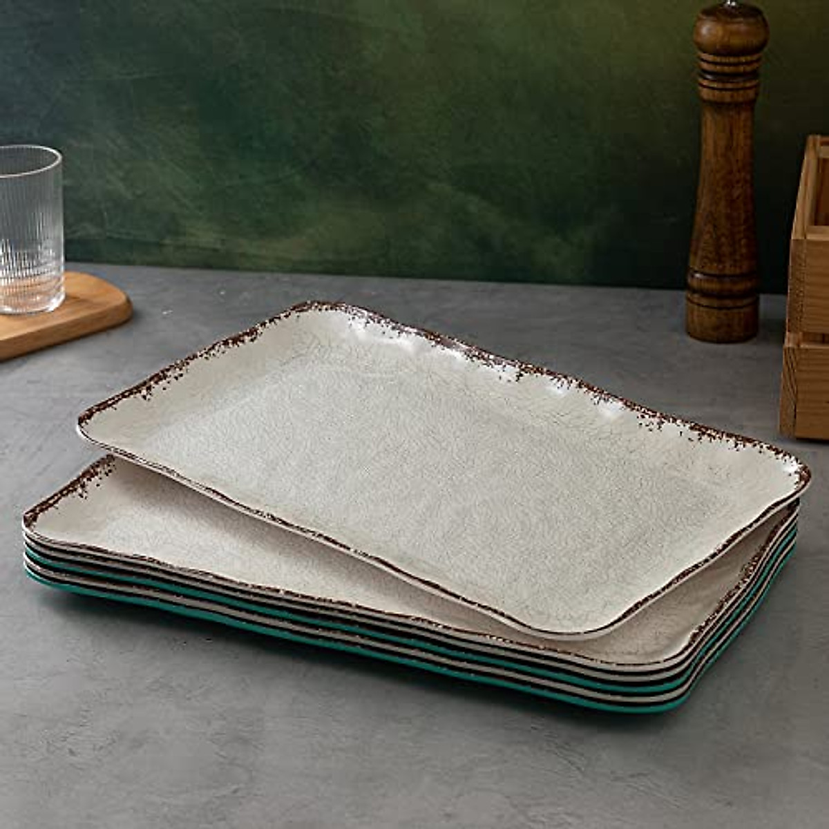 LEHAHA Farmhouse Large Serving Platters, 2 Piece Melamine Dinnerware Set, 17.5 x 10 Inches Vintage Serving Tray, Rectangle White Rustic Trays Set of 2