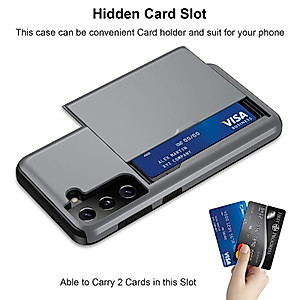 Jiunai for Samsung S21 Case, Galaxy S21 Case Credit Card IDs Cash Holder Shell Wallet Case Slide Cover Dual Layer Hard PC Soft TPU Rubber Cover Phone Case for Samsung Galaxy S21 5G 6.2'' 2021 Grey