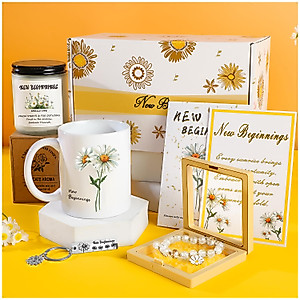 New Beginnings Daisy Box Gifts for Women - Coffee Mug, Candle, Keychain Gift Basket for Graduation, Coworker Leaving, Goodbye, Break Up, Going Away, New Job, New Home, Farewell, Good Luck, Divorce