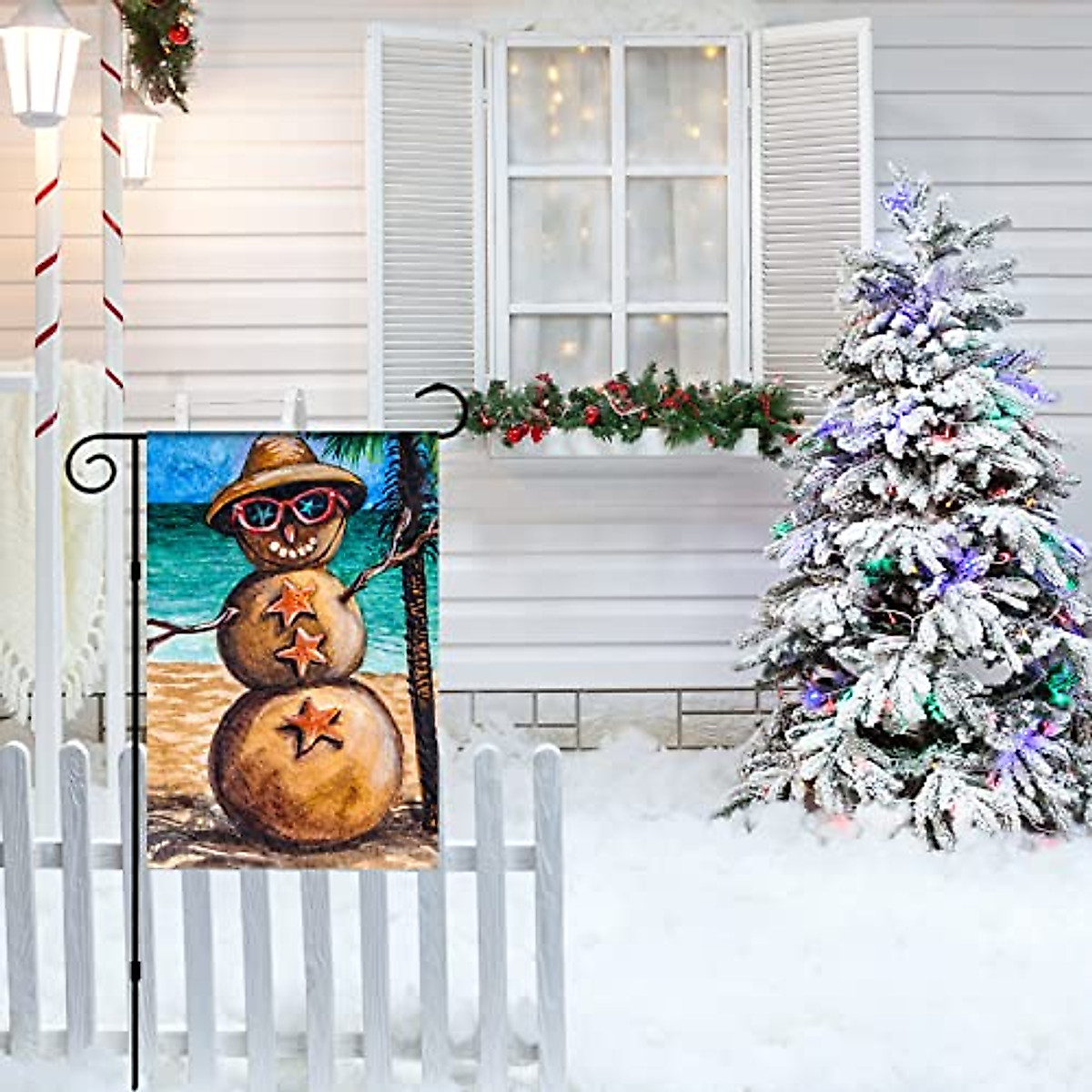 Texupday Smile Sunglasses Snowman Sunbathing on the Beach Hawaii Winter Garden Flag Outdoor Yard Flag 12" x 18"