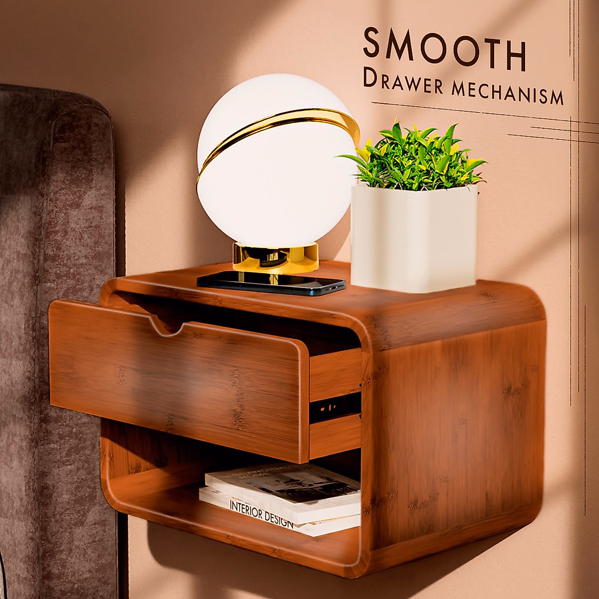 Comfify Modern Floating Nightstand with Drawer – Small, Compact, Minimalist Bamboo Wall-Mount Bedside Shelf, – Midcentury Design, Easy Installation, Clear Instructions - Dark Mahogany Finish